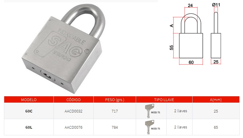 Candado SAG SEGURIDAD 60C - Ferresegur ARCO CORTO AMAESTRAMIENTO SAG SEGURIDAD Estándar